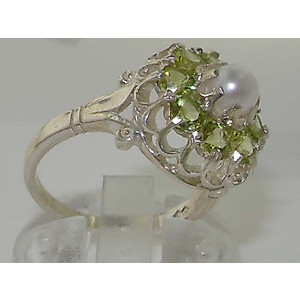 925 Sterling Silver Cultured Pearl and Peridot Womens Band Ring - Size 10