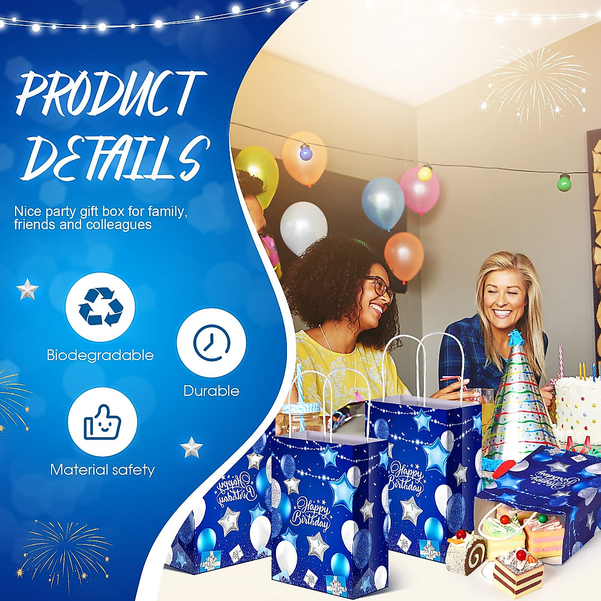 24 Pcs Birthday Gift Bags with Handles Navy Blue Silver Birthday Party Favors Goodie Bag Paper Gift Wrapping Bags for Boy Girls Men Women Birthday Party Supplies, 5.9 x 3.2 x 8.3 Inches