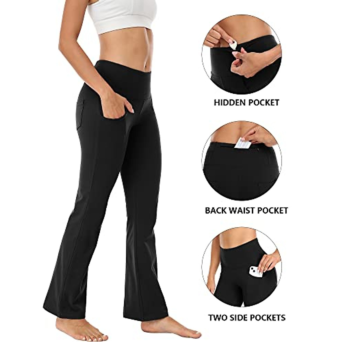 Zonoss Bootcut Yoga Pants with Pockets for Women High Waist,Gym Workout Flare Leggings Tummy Control,Black,M