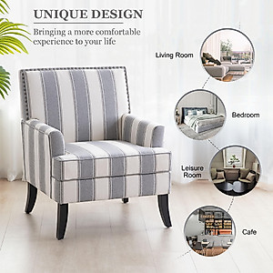 HUIMO Printed Accent Chair Upholstered Linen Fabric Living Room Chair with Rivet Comfy Armchair with Hold up to 300lb Capacity Reading Sofa Chair for Bedroom, Study (1, Wide Stripe Grey)