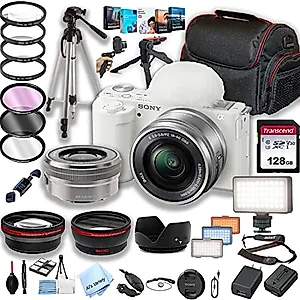 Sony ZV-E10 (White) Mirrorless Camera with 16-50mm Lens + 128GB Memory + LED Video Light + Case+ Steady Grip Pod + Tripod + Filters + Lenses + Software + More (42pc Bundle)