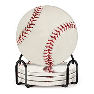 Baseball Pattern 4in Coasters for Drinks Absorbent with Holder Drink Coasters with Cork Base Absorbent Coaster Set Housewarming Gift - Set of 4 Coasters…