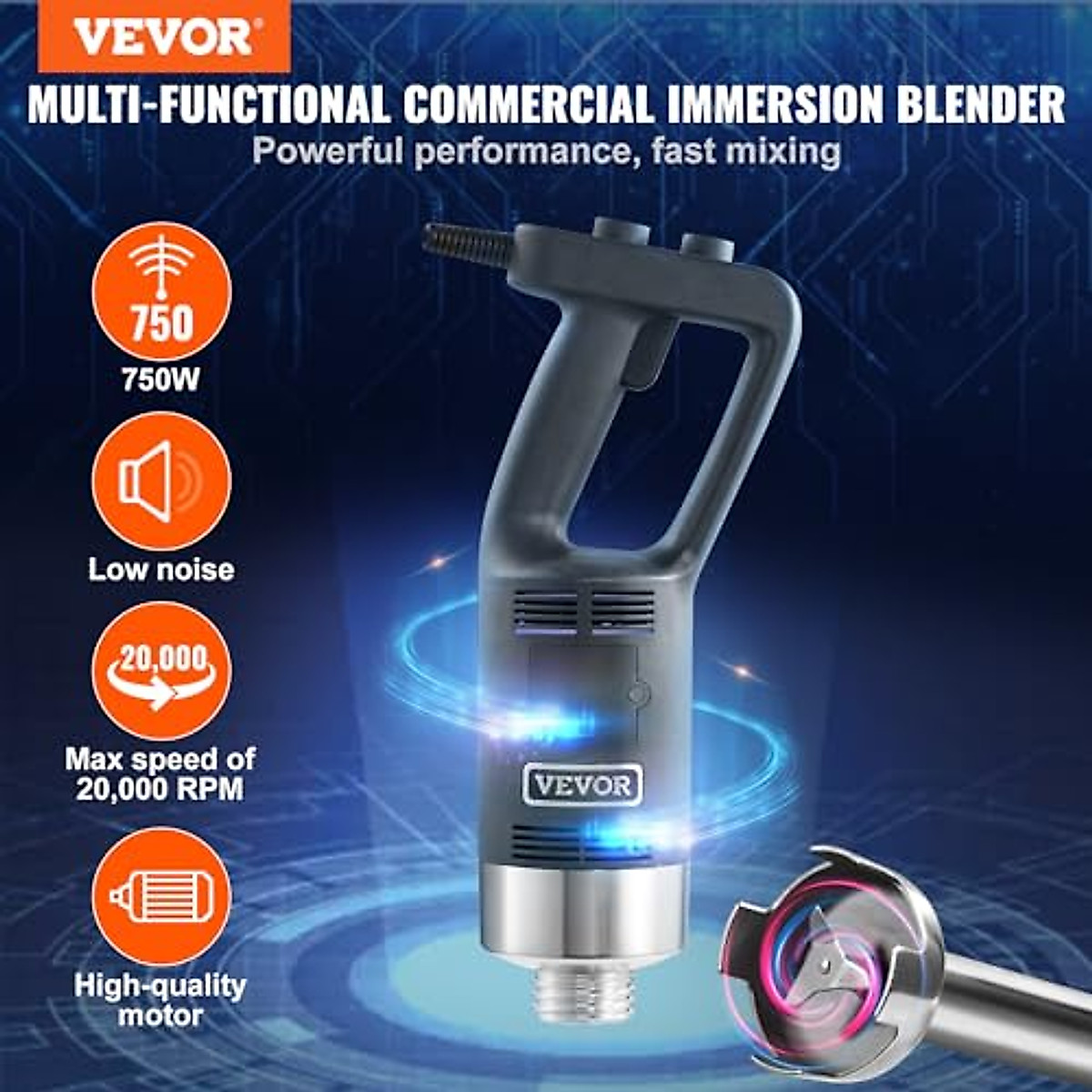 VEVOR Commercial Immersion Blender, 750W 20" Heavy Duty Hand Mixer, Variable Speed Kitchen Stick Mixer with 304 Stainless Steel Blade, Multi-Purpose Portable Mixer for Soup, Smoothie, Puree, Baby Food
