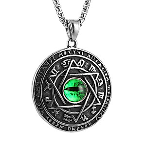 STWTR Red Eye Amulet Seal Solomon Hexagonal Star Twelve Constellation Pendant Blue Eye Stainless Steel Necklace (Silver Green)