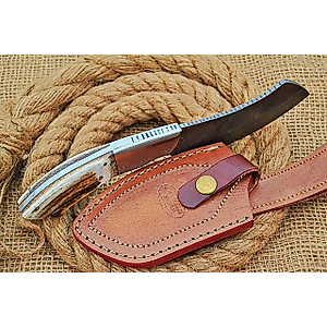 HUNTEX Handmade Hand-Forged Twist Pattern Damascus Steel 9 Inch Long Full Tang Natural Deer Antler Handle Razor Sharp Hunting Camping Cleaver Knife w/Genuine Leather Sheath