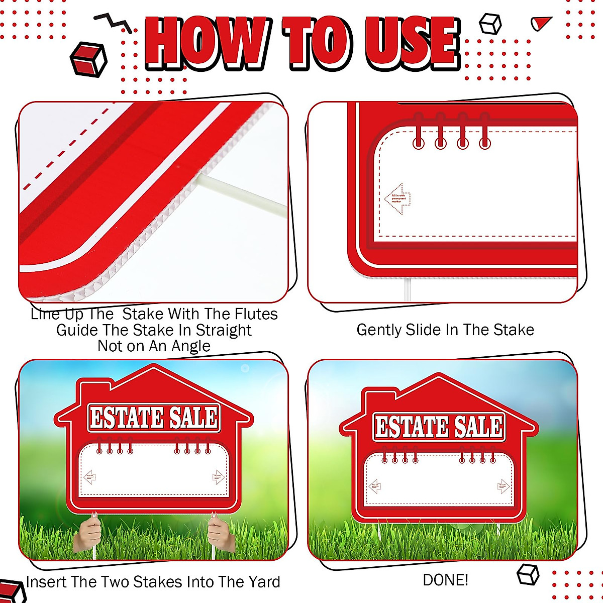 12 Pack Estate Sale Signs with Stakes 16'' x 12'' High Visibility for Sale Sign Protection Against Wind, Rain and Snow Weatherproof for Garage House Business or Personal Use