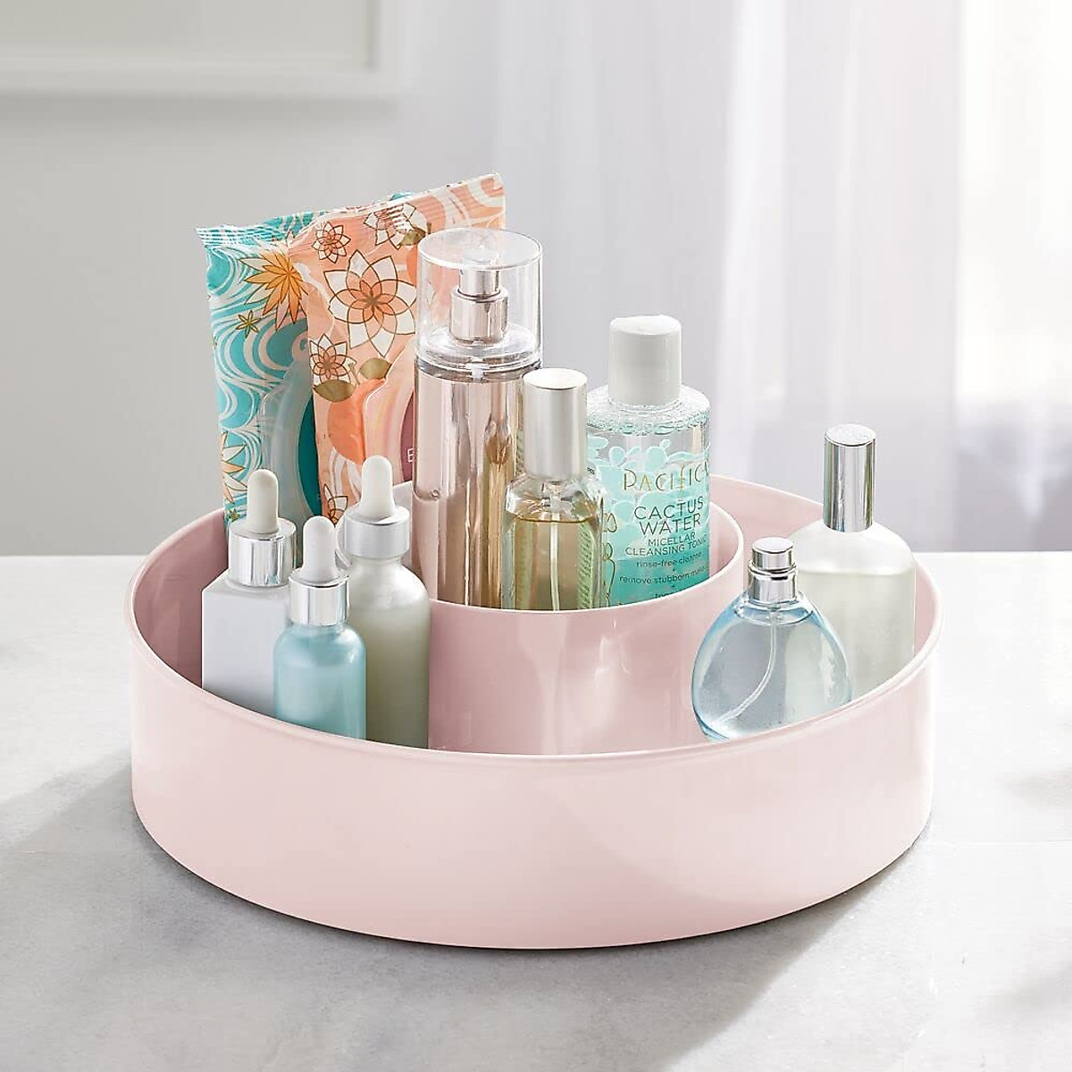 mDesign Plastic Lazy Susan Round Turntable Storage Tray - Rotating Organizer for Makeup, Cosmetics, Nail Polish, Vitamins, Shaving Kits, Hair Spray, Medical Supplies, First Aid - Light Pink/Blush