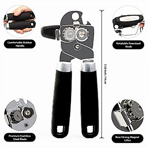 AHRAM Manual Can Opener, Sharp and smooth glide cutting wheel, With magnet lefter, Safe edge, Made with heavy duty materials, With additional glide cutting wheel as a spare part, With a bottle opener