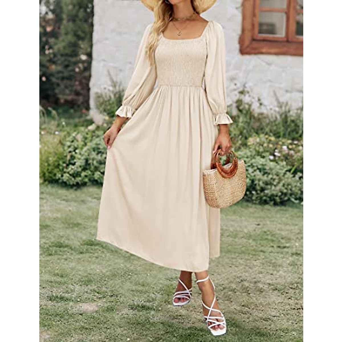 ZESICA Women's Casual Square Neck 3/4 Puff Sleeve Solid Color Smocked High Waist Flowy Midi Dress,Beige,Small