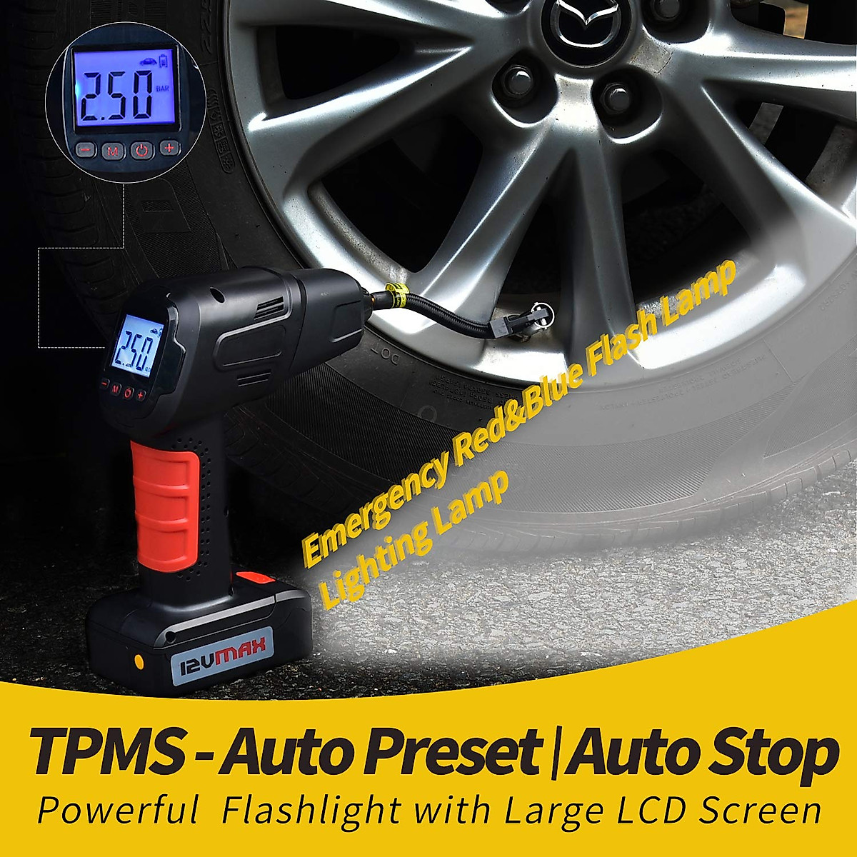 Cordless Air Compressor Portable Tire Inflator Pump with Digital LED lights and 2000mah Rechargeable Li-ion,suitable for Car,Bicycle,Air Mattress,Inflatable Airbed