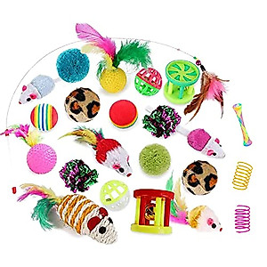 32Pcs Cat Toys Kitten Interactive Pet Toys Assortments, Foldable Rainbow Tunnel, Cat Feather Teaser Wand Interactive Feather Toy Fluffy Mouse Crinkle Balls Bell Play for Cat Puppy Kitty Kitten (3 way)