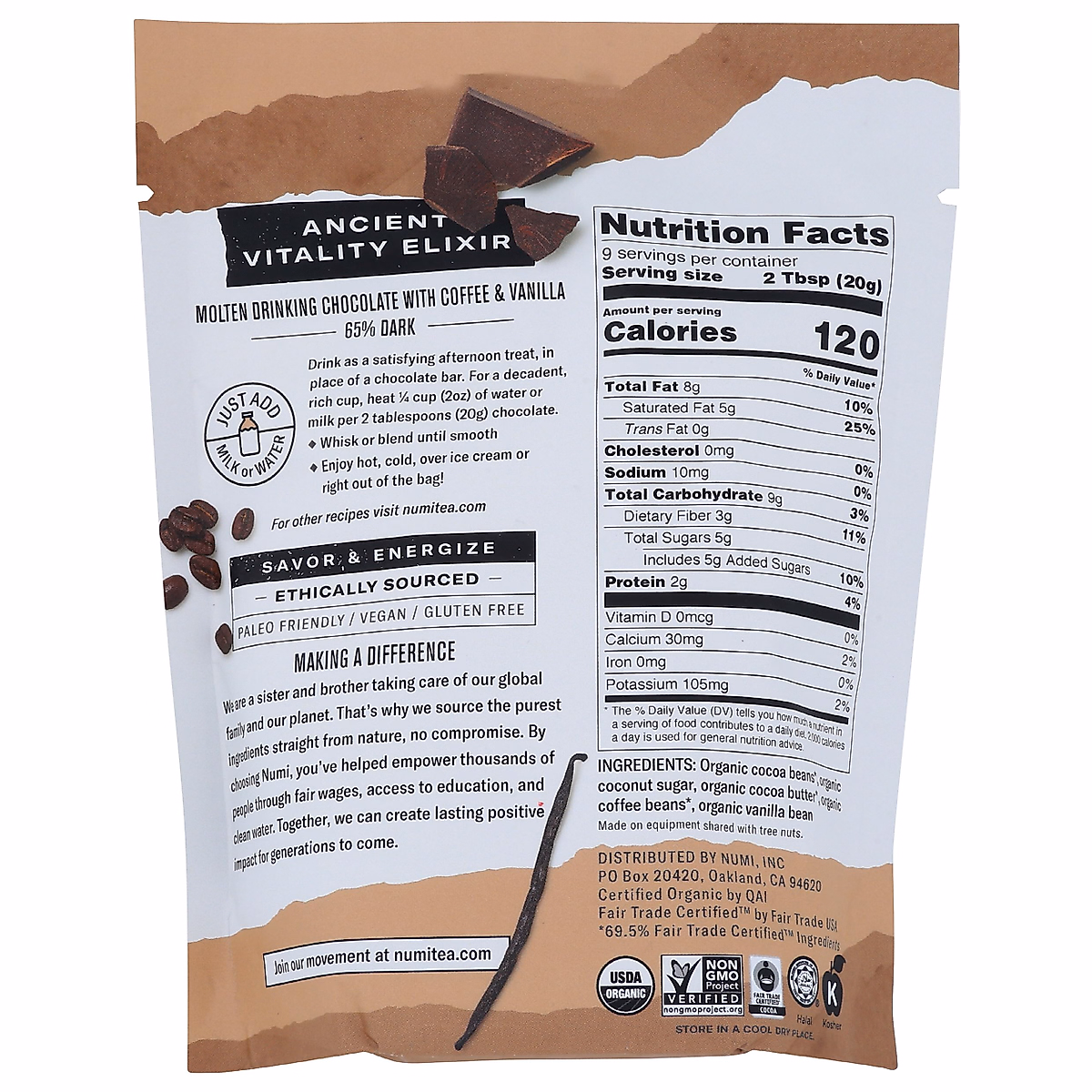 NUMI Organic Kick of Mocha Drinking Chocolate, 6.3 OZ