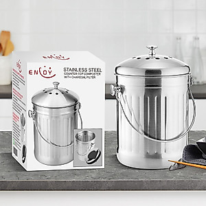 ENLOY Compost Bin, Stainless Steel Indoor Compost Bucket for Kitchen Countertop Odorless Compost Pail for Kitchen Food Waste with Carrying Handle 1.3 Gallon Easy to Clean