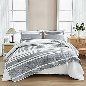 Andency California King Quilt Set Grey White (112x104 Inch), 3 Pieces (1 Cal King Patchwork Striped Printed Quilt and 2 Pillowcases), Soft Lightweight Reversible Microfiber Bedspread Coverlet Bedding