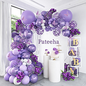 Pateeha Purple Balloon Arch Kit 145 Pcs Butterfly Baby Shower Decorations for Girl White Lavender Balloons Garland Metallic Purple Confetti Balloons for Birthday Party Decorations