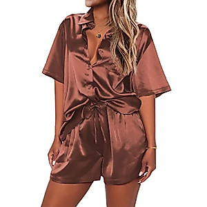 Ekouaer Satin Pajamas Womens Lightweight Sleepwear Short Sleeve Sleep Shirt Boyfriend Top and Shorts 2 Piece Silk PJ Set Brown,S