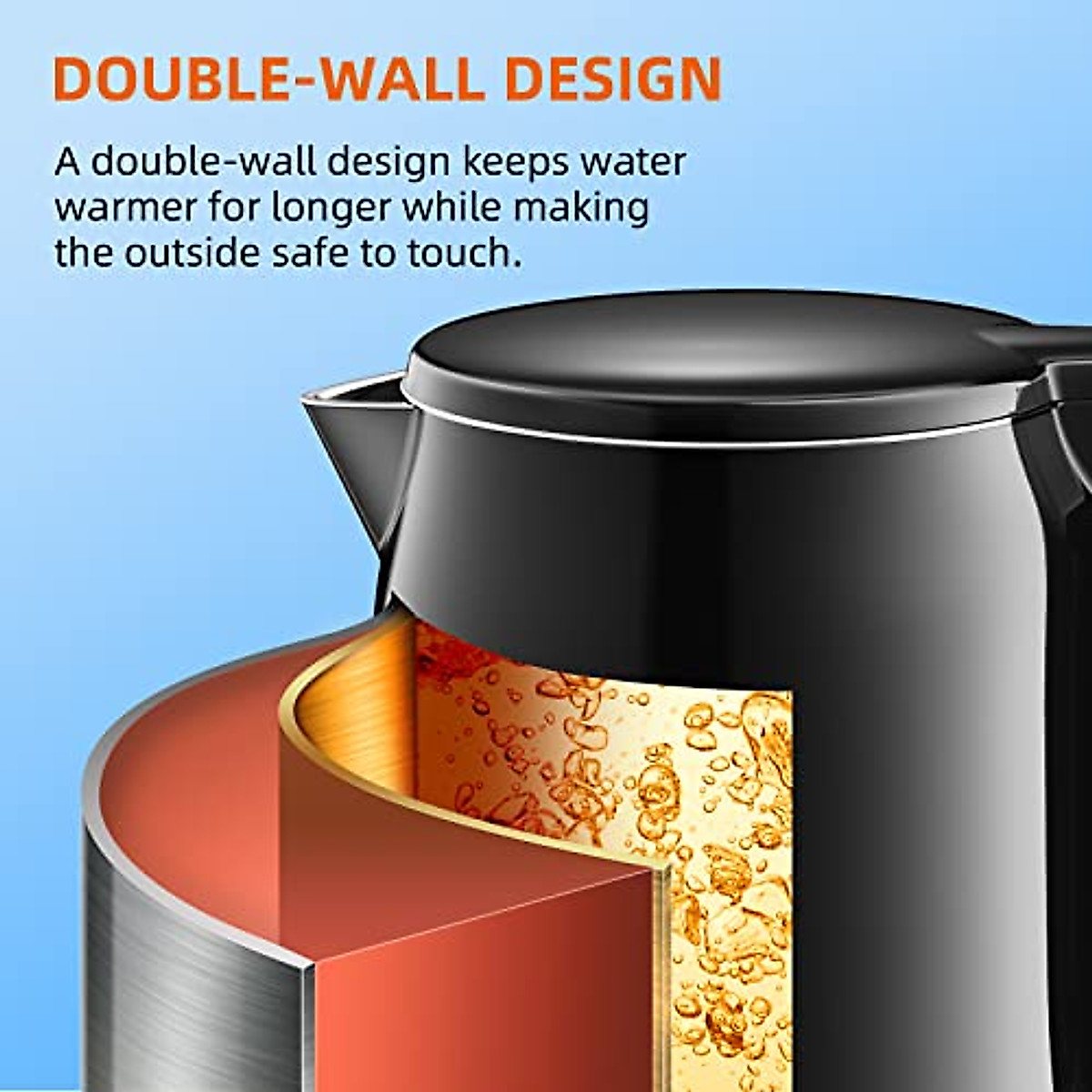 Electric Kettle 1.7L, Aylion 100% Stainless Steel Interior Double Wall Electric Tea Kettle, 1500W Fast Heating, Auto Shut-Off & Boil Dry Protection, BPA Free, LED Indicator, Black