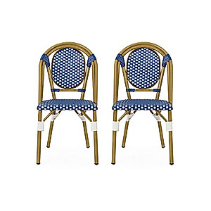 Christopher Knight Home Gwendolyn Outdoor French Bistro Chairs (Set of 2), Blue + White + Bamboo Print Finish