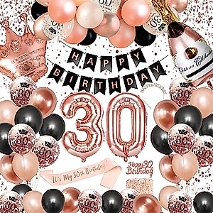 30th Birthday Decorations for Women, Rose Gold 30 Birthday Decorations for Her, Happy 30th Birthday Banner Sash 30th Birthday Balloons Cake Topper 30 Bday Party Decor Dirty Thirty Decorations for Her