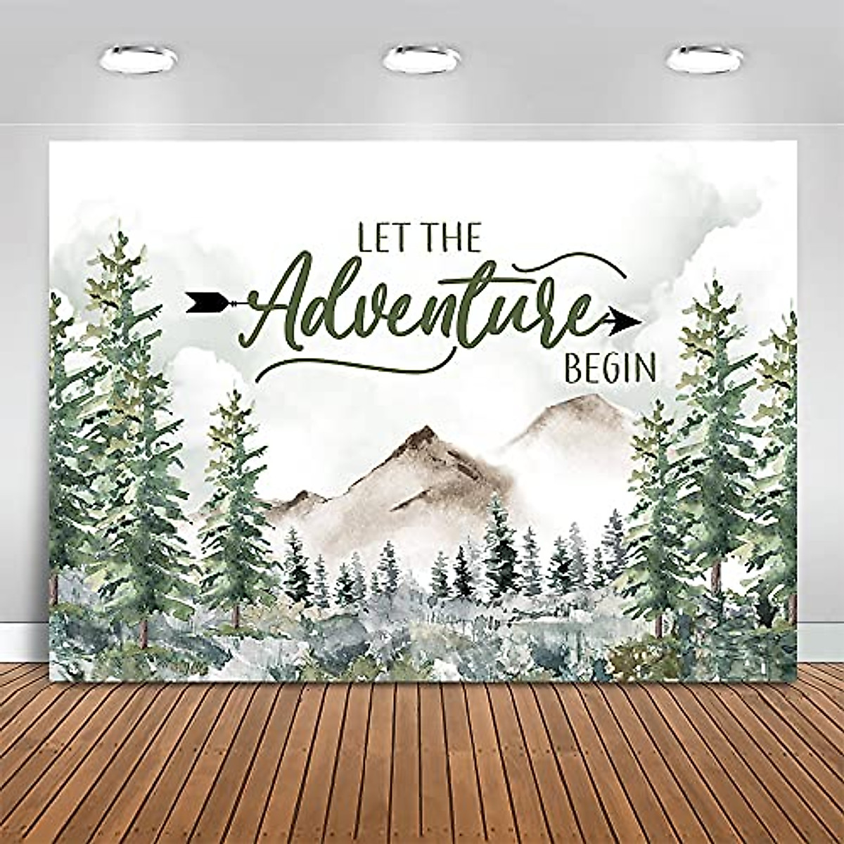 Mocsicka Let The Adventure Begin Backdrop Adventure Awaits Baby Shower Birthday Party Decoration Rustic Forest Mountains Woodland Photography Background (7x5ft (82x60 inch))