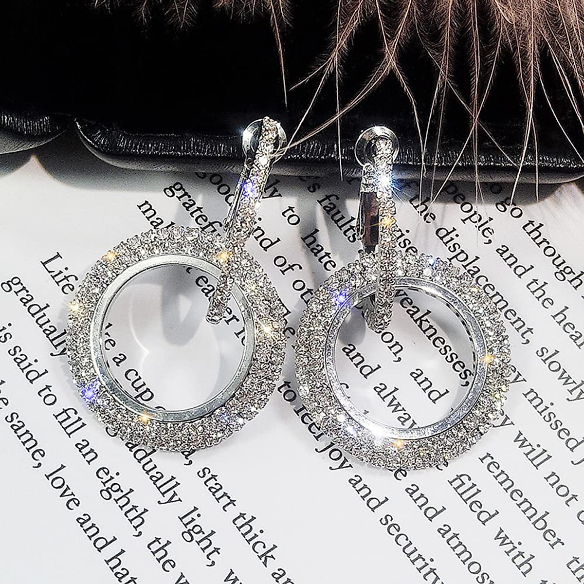 Fashion Rhinestone Double Circle Hoop Earrings Drop Studs for Women (Silver)