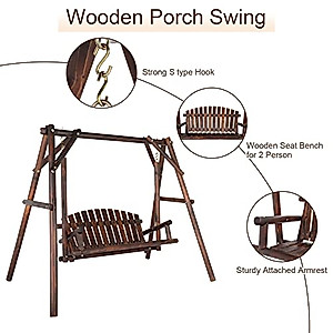 Outvita Patio Porch Swing Set, 67in Wood Log Swing Stand with Bench Loveseat Stable A-Frame for Patio Backyard Deck (Carbonized)