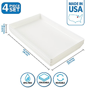 US Acrylic White Plastic Serving Trays (Set of 4) 15” x 10” | Large Unbreakable Reusable Rectangular Party Platters | Serve Appetizers, Fruit, Veggies, & Desserts | BPA-Free & Made in USA