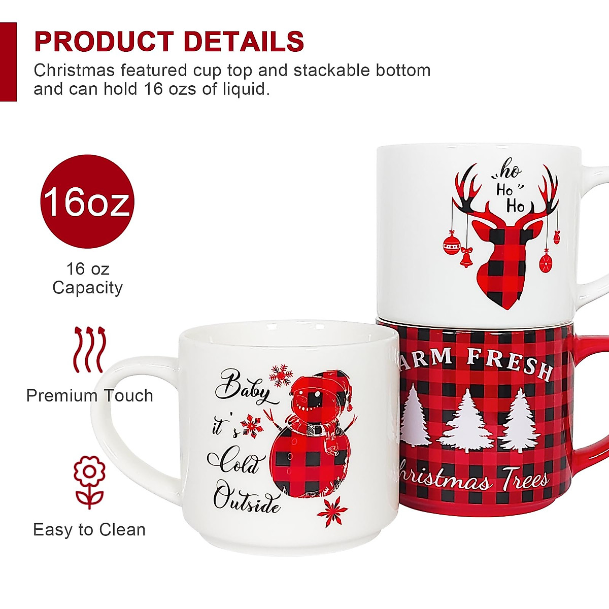QIKSION Ceramic Christmas Mug Set of 6, 16oz Red Black Plaid Christmas Coffee Mug, Stackable Holiday Coffee Mugs as Christmas Gifts for Family, Friends and Colleagues