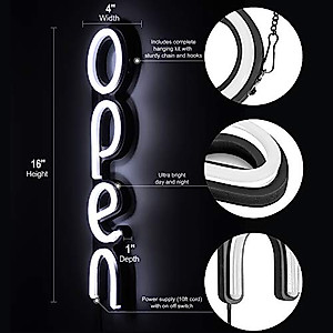 LED Open Sign for Business - Bright White Vertical Neon Style Open Light Signs | Beautiful Design to Attract Customers
