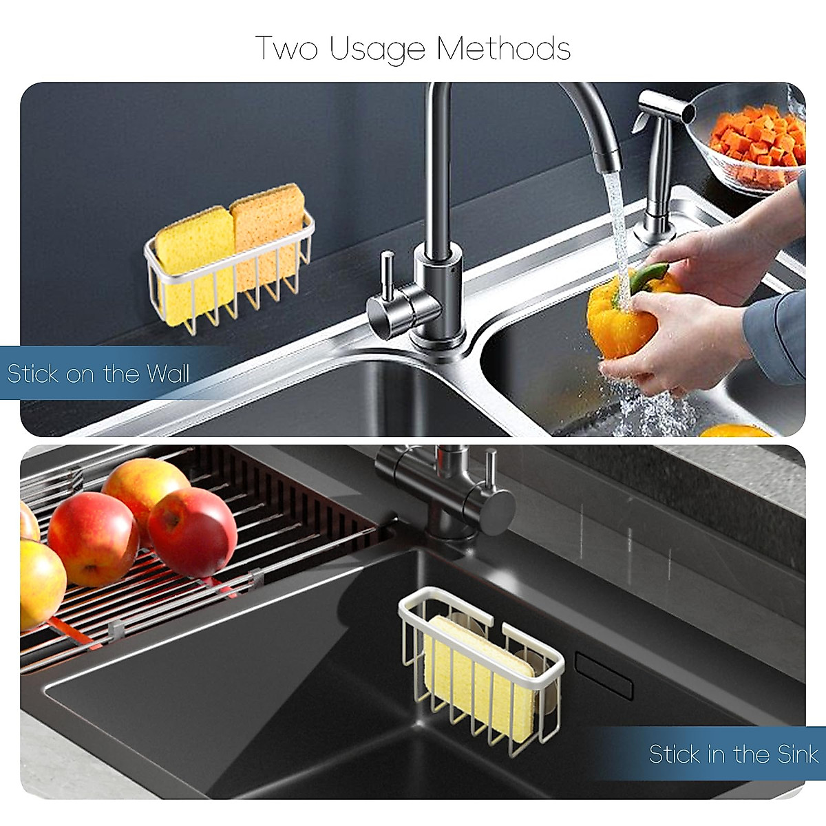 ONTOTY Sponge Holder for Kitchen Sink,Sponge Holder,Aluminum Sponge Holder for Kitchen Sink Suction,Sink Caddy,Kitchen Sink Organizer with Suction Cups & Adhesives Hooks for Kitchen,Bathroom(Silvery)