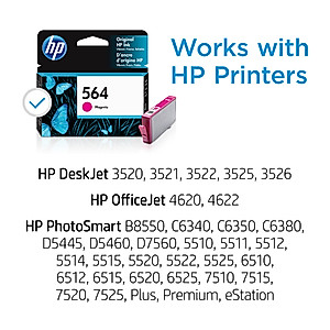 Original HP 564 Magenta Ink Cartridge | Works with DeskJet 3500; OfficeJet 4620; PhotoSmart B8550, C6300, D5400, D7560, 5510, 5520, 6510, 6520, 7510, 7520, Plus, Premium, eStation Series | CB319WN