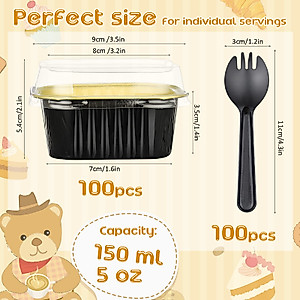 100 Pcs Cupcake Liners with Lids,5 oz Disposable Square Cupcake Pans with Plastic Aluminum Foil Mini Cake Pans for Dessert Bread for Party Wedding Birthday Kitchen (Silver,5 oz) (Black Gold,5 oz)