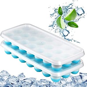 Ice Cube Trays Easy Release-Odor free,Spill Resistant Lid Included,2 Pack, Small Size, Stackable 42 Cubes,Silicone(Blue)