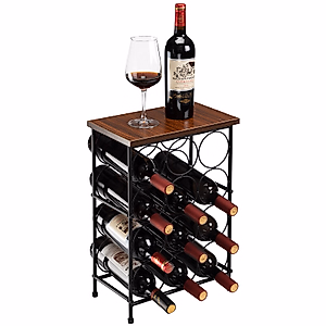 PARANTA 12 Bottles Wine Rack Free Standing Storage Organizer Display Rack, Vintage Wine Glass Holder, Freestanding Wine Rack Table Bar, Wine Cabinet for Kitchen Black