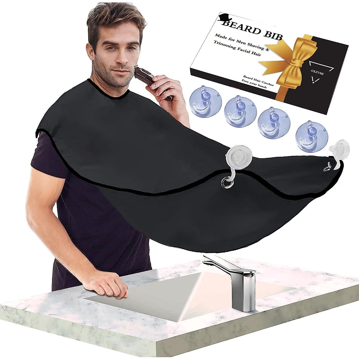 Beard Bib Apron for Men, Beard Trimmer Catcher for Men’s Shaving & Trimming, Grooming Accessories Christmas Gifts for Husband Her Boyfriend with & A Box 4 Suction Cups