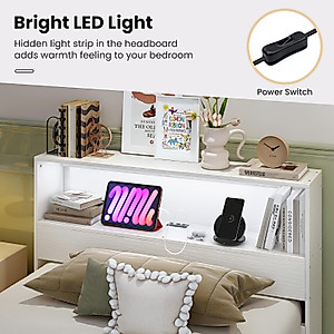 Giantex Twin Bed Frames with Storage Headboard, Wood Platform Bed with Charging Station & LED Light, Single Bed with Slats Support, Under-Bed Space, Twin Bed Frames for Kids Girls Boys (White)