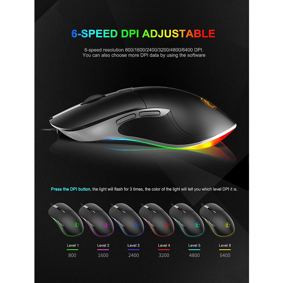 KKUYI RGB Gaming Mouse Wired, USB Computer Gaming Mice with Chroma RGB Lighting/6 DPI Levels/6 Buttons, RGB Gamer Desktop Laptop PC Gaming Mouse with 6ft Cable for Windows Xbox PS4 (Black-01)