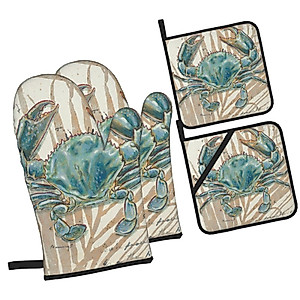 Oven Mitts and Pot Holders Sets of 4,Nautical Ocean Animal Sea Underwater Submarine Blue Crab Fantastic,Oven Mitts Heat Resistant Oven Gloves Set Potholders for Kitchen Baking Grilling