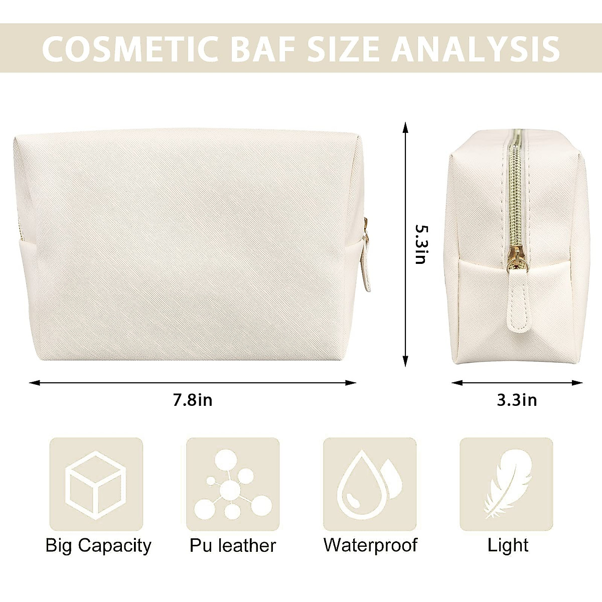 GFU Makeup Bag, Travel Cosmetic Bag for Women, Large Capacity Travel Toiletry Bag Waterproof PU Leather, Multifunctional Cosmetic Pouch for Girls, Women and Moms Gifts, Beige White