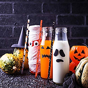 200 Pieces Halloween Paper Straws Black and Orange Striped Dot Print Paper Drinking Straws with Pumpkin Bat Spider Web Skeleton Print for Halloween Party Supplies (Color Set 1)