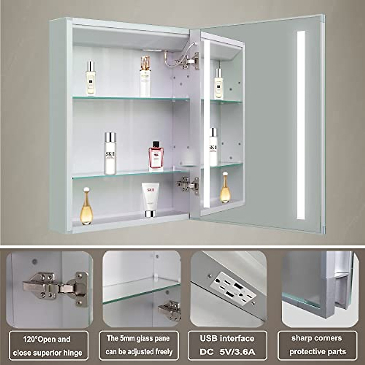 ExBrite Led Medicine cabinets for Bathroom with Mirror,20x26 inch,Single Door,Recessed Or Surface Mount,Adjustable Shelves,Medicine Cabinet Wall Mounted,Defog,Dimming,(Right Opening Door)
