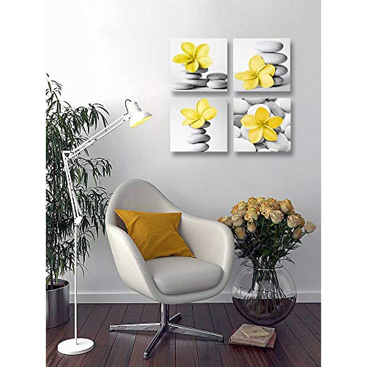 Genius Decor-Modern Bathroom Yellow Gray Wall Art Picture Flowers and Pebble Stone Canvas Print Wall Decor Set 4(Yellow)