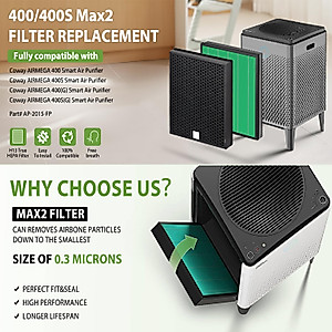 400/400S Replacement Filter Compatible with Coway AIRMEGA Max2 400 400S 400(G) 400S(G) Air Purifier, Max2 Green True HEPA and Active Carbon Filter Set, AP-2015-FP, 1 Set
