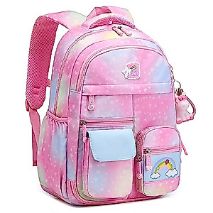 PIG PIG GIRL Girls Backpack, Functional Pockets Kids Backpack Kawaii Lightweight School Backpack Watrer Resistant Book Bag with Unicorn Pendant for Primary Elementary School,Pink