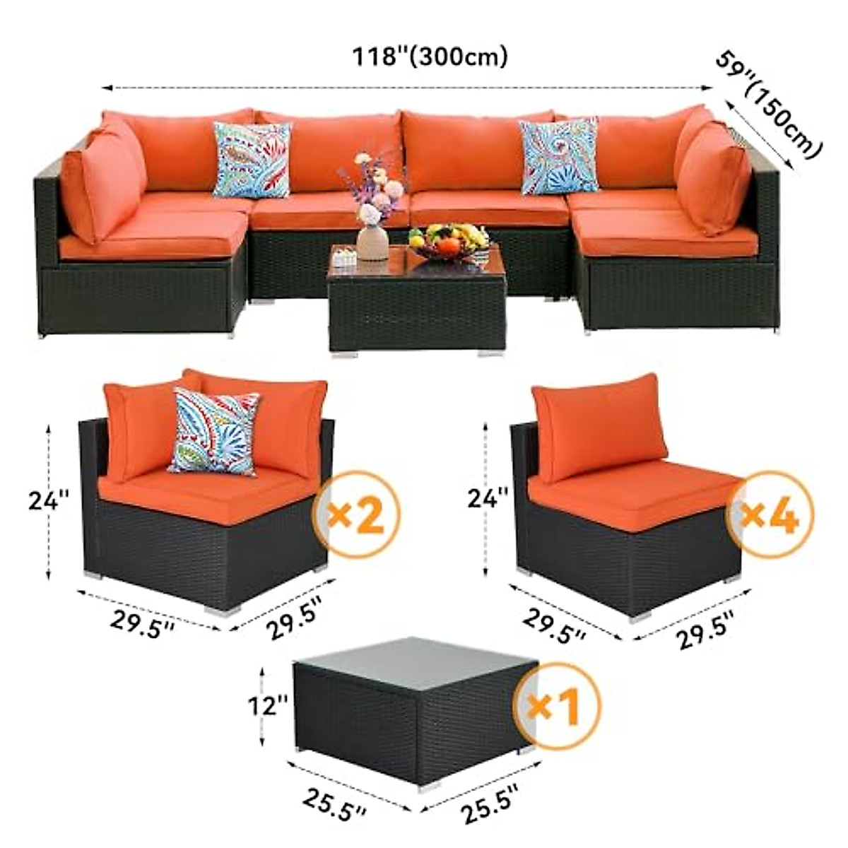 ESSENTIAL LOUNGER Outdoor Patio Furniture Set 7 Pieces Wicker Patio Conversation Set Outside Sectional Furniture Set Rattan Patio Sofa with Tempered Glass Table, Cushions & Pillows -Black,Orange