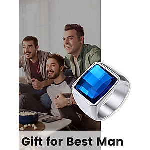 KeyStyle Blue Sapphire Large Rings For Men, Diamond Cut Created Stone Signet Rings Size 12