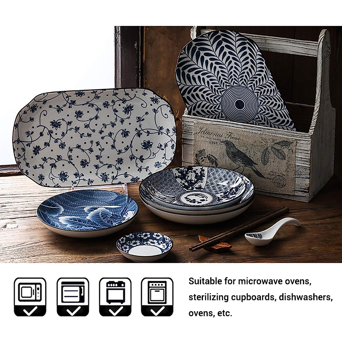 Gegong 12 inch Fish Plate Blue and White Porcelain Dish Serving Plate Floral Dinner Shallow Plate Appetizer Salad Dessert Snack Plate (Tang Grass)