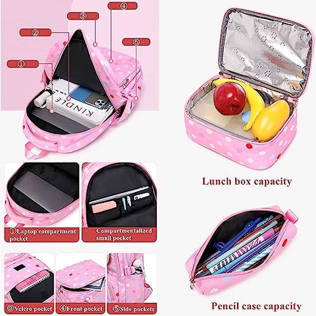 Armbq Polka-dot Print Backpacks for Girls with Lunch Box Teenage School Bookbag Set for Elementary Middle 3 Pieces Student Travel Bag