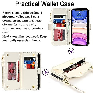 DEYHU for iPhone 11 Phone case Wallet with Zipper Card Holders for Women,iPhone 11 Phone Cases Slots Crossbody Flip Folio Book Cover with Credit Card Holder Men for iPhone11 case - White