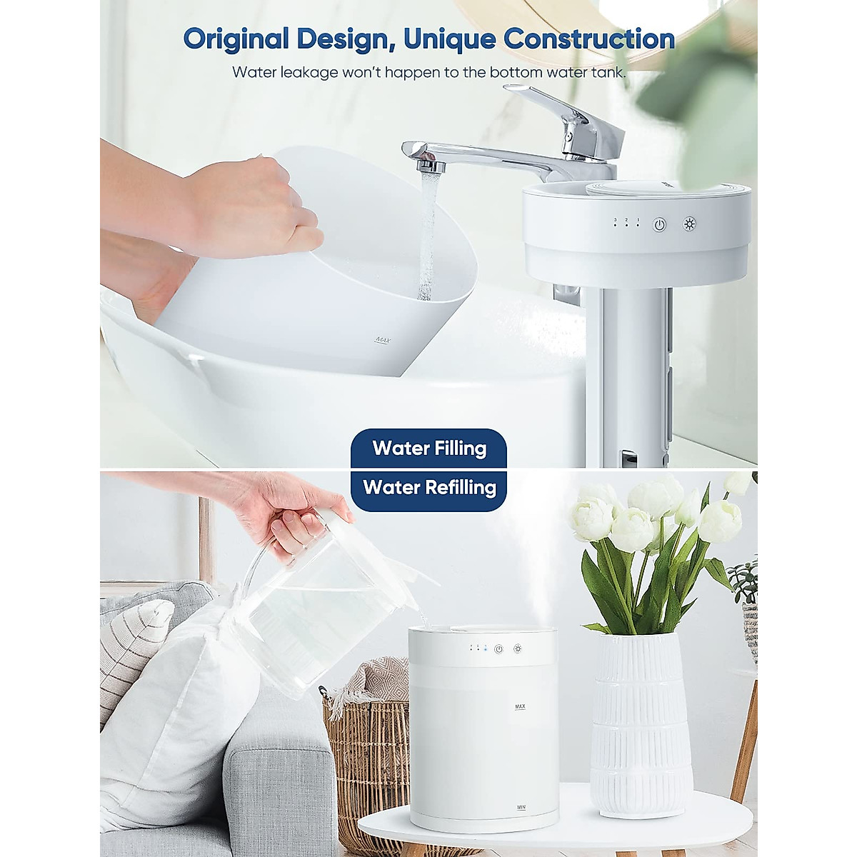 Xburan Cool Mist Humidifiers for Bedroom, 3.5L Top-Fill Air Humidifier & Essential Oil Diffuser with Ambient Light, 3 Mist Levels, Quiet Operation, 32-Hour Duration, Humidifiers for Large Room Baby Plants,White